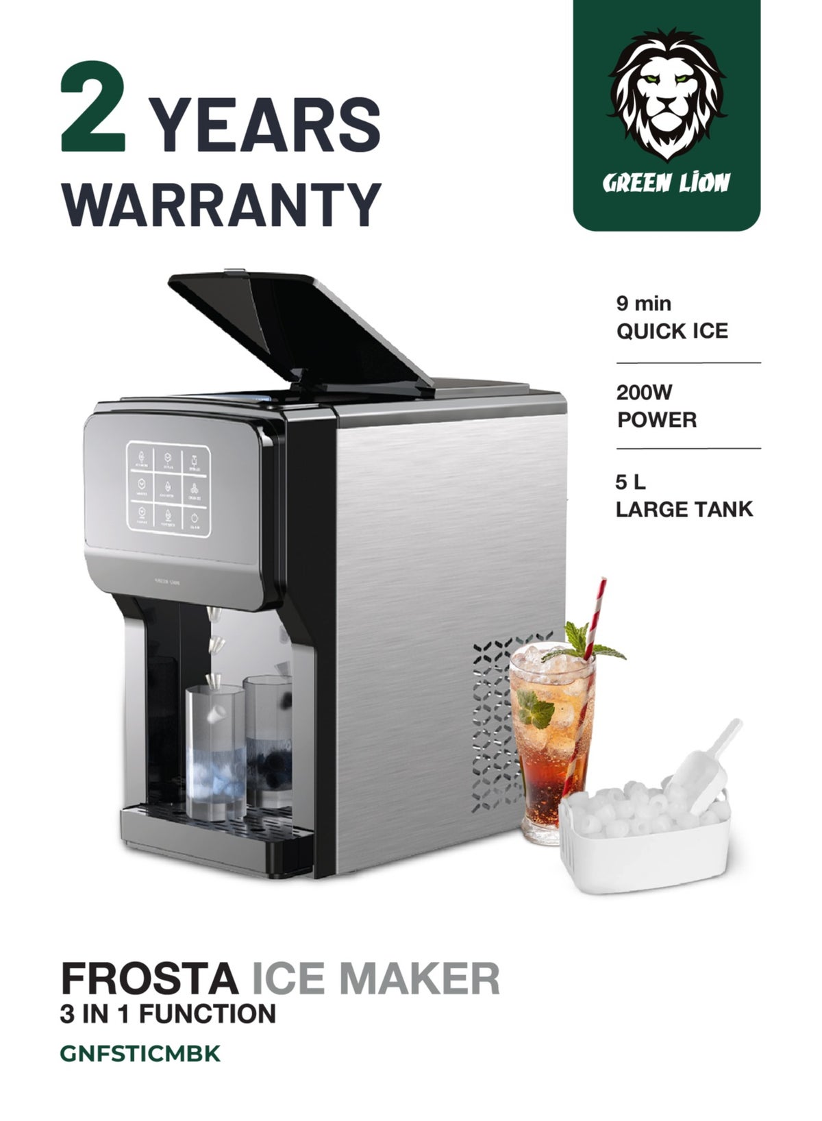 GREEN LION Frosta 3 in 1 Bullet Ice Maker with Water Dispenser, Ice ...