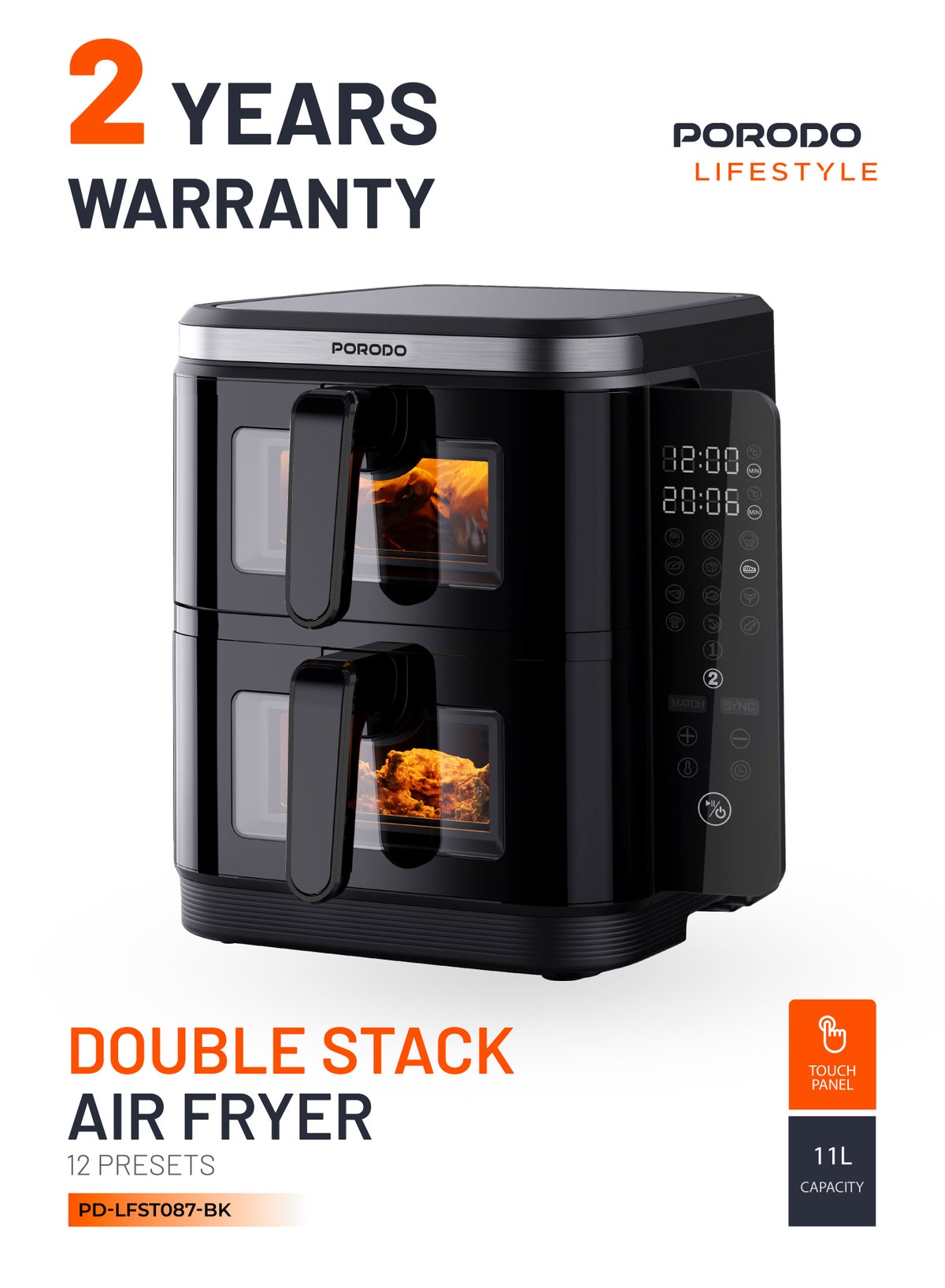 porodo 11L Air Fryer Double Stack 5.5L+5.5L Capacity 2800W with Info Display & Touch Panel / 12 ...