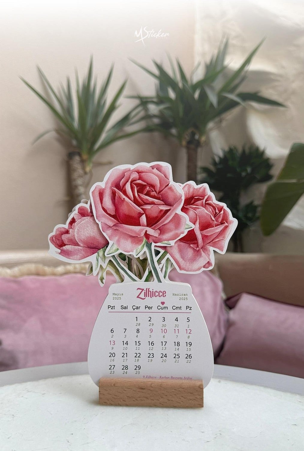 Msticker Hijri Calendar Wooden Stand with Rose Figure 12 Sheets Special ...