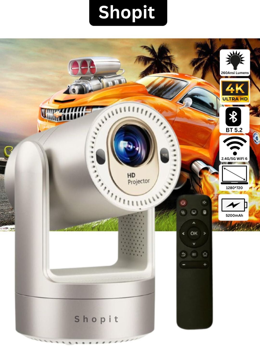 Shopit Smart Mini Rechargeable Projector, Portable 4K Supported Smart ...