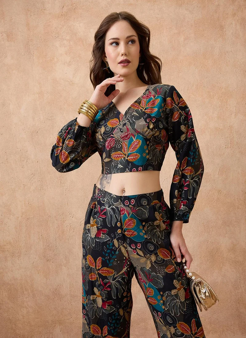 globus Black Globus Women V-Neck Floral Print Crop Top With Wide Leg ...