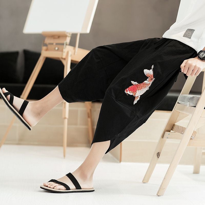 Generic Cropped Pants Linen Shorts Men'S Chinese Style Loose Carp ...