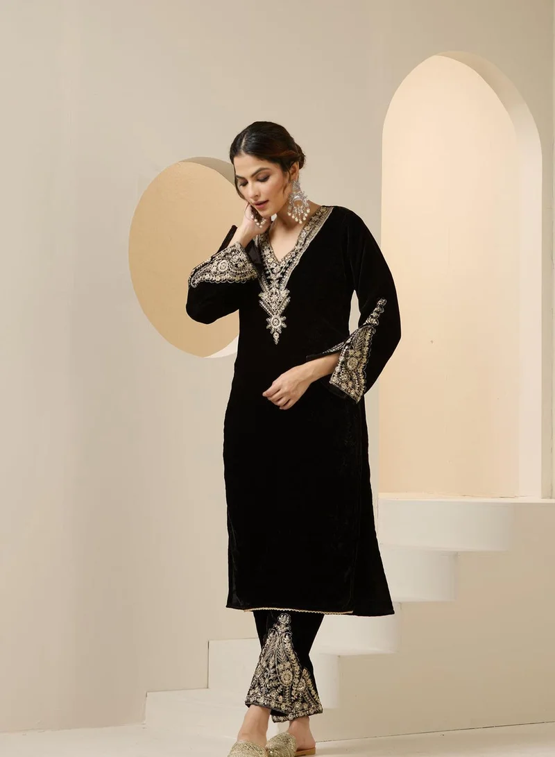 ISHIN Women's Black Velvet Embroidered Tunic Full Length Palazzo ...