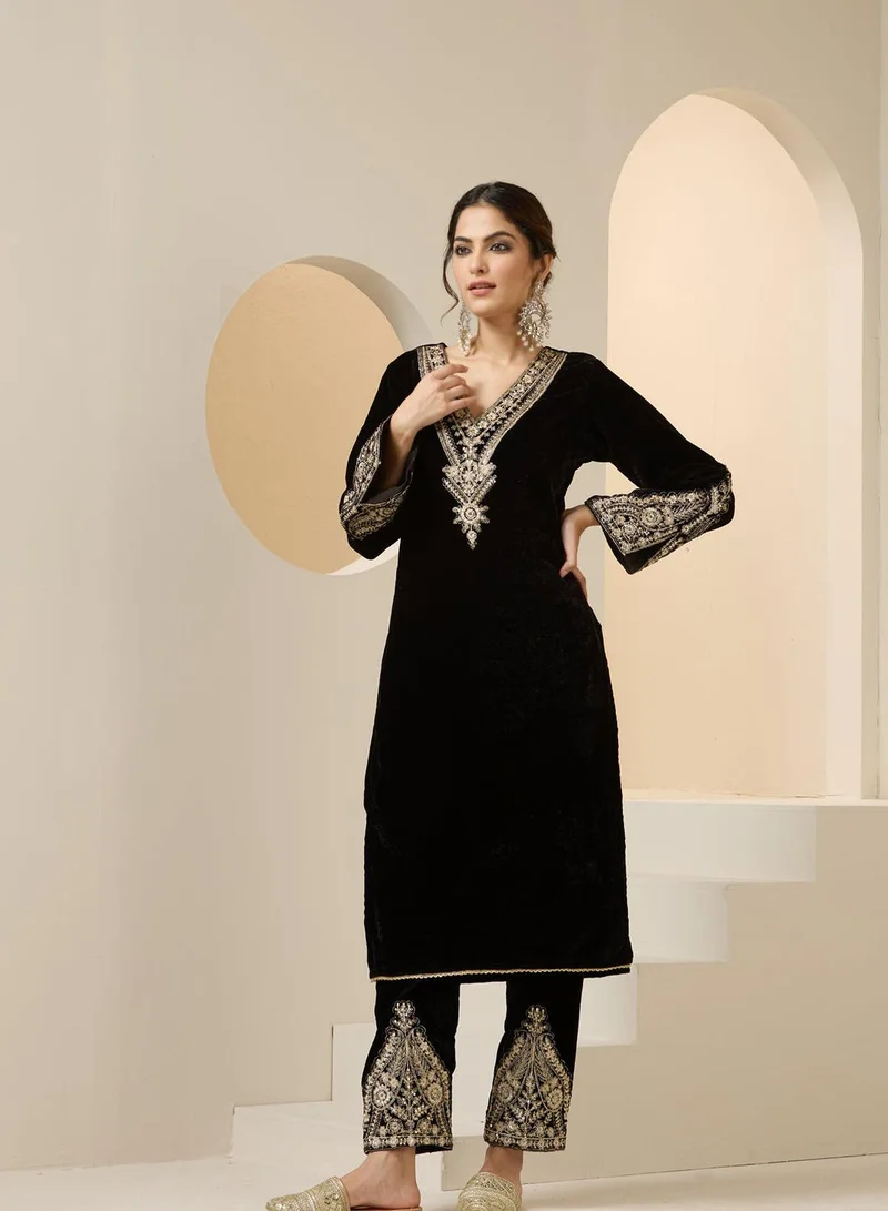 ISHIN Women's Black Velvet Embroidered Tunic Full Length Palazzo ...