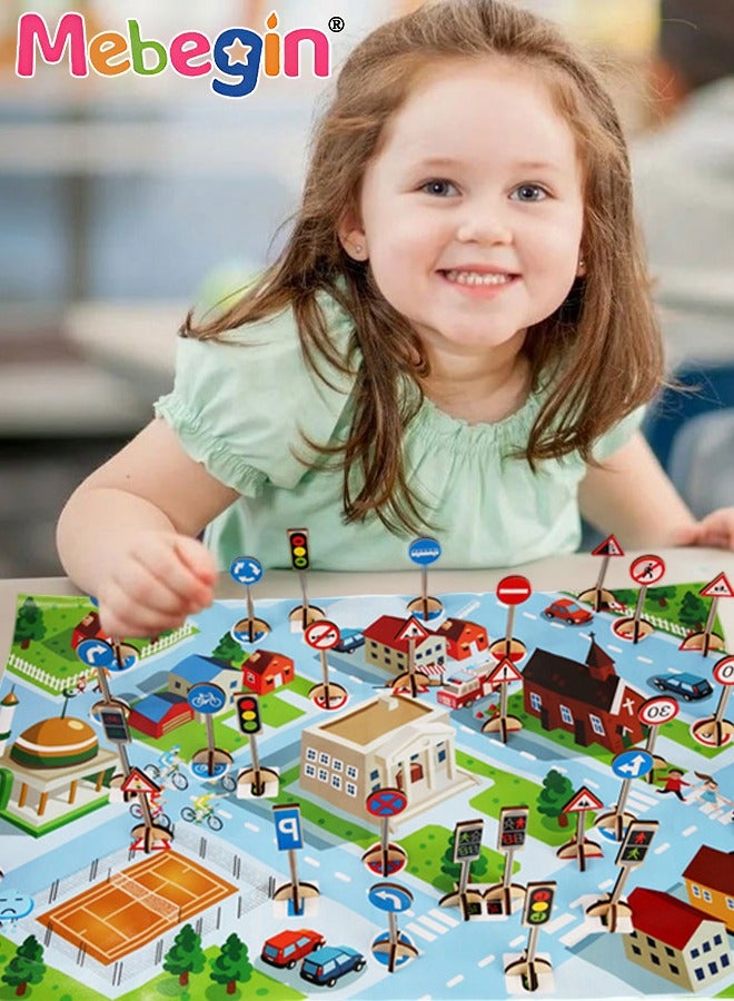 MEBEGIN 55PCS Wood Traffic Road Signs Playset with 24 Double-sided ...