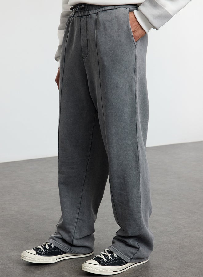 trendyol Anthracite Wide Leg Ribbed Distressed/Faded Effect Basic ...