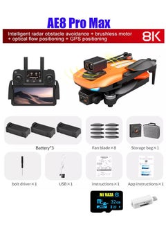 Mi VAZA Orange AE8 Pro Max Drone 8K HD Dual Camera 5G WIFI FPV 360° Obstacle Avoidance Brushless ...