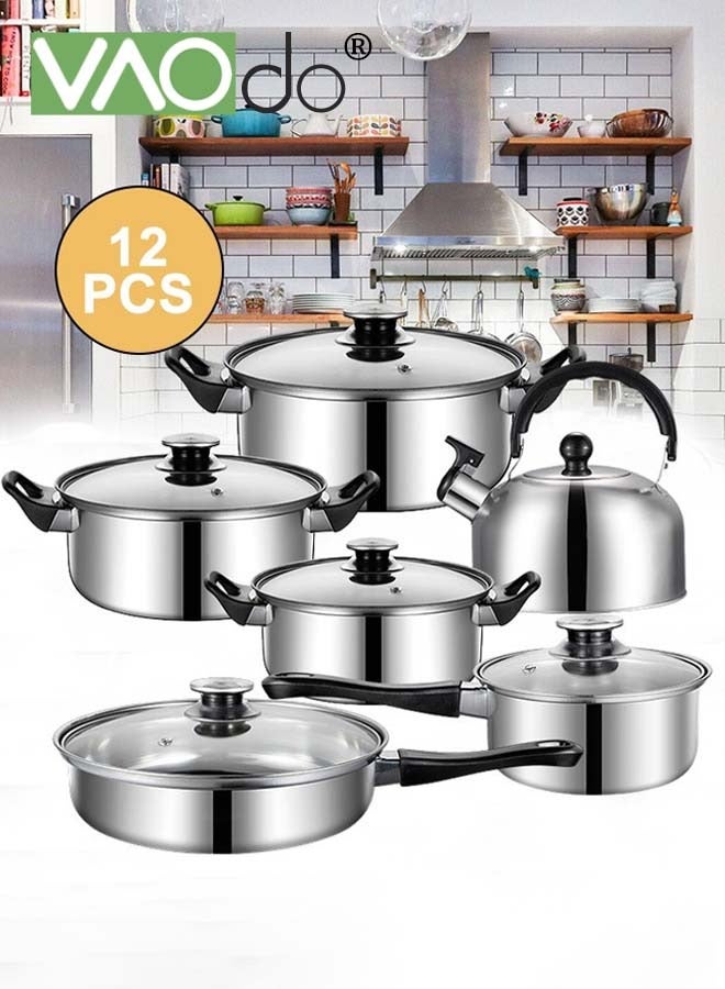 VAOdo 12PCS Stainless Steel pots and pans Kitchen Cookware Set Works ...