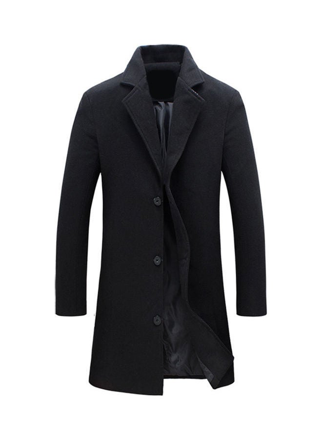 Generic Lapel Collar Woolen Single-Breasted Trench Coat Black | Best ...