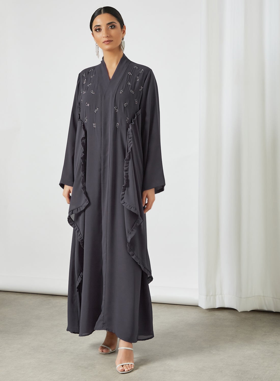 7EVENTY3 Embellished Ruffle Abaya Grey | Best Price KSA | Riyadh, Jeddah