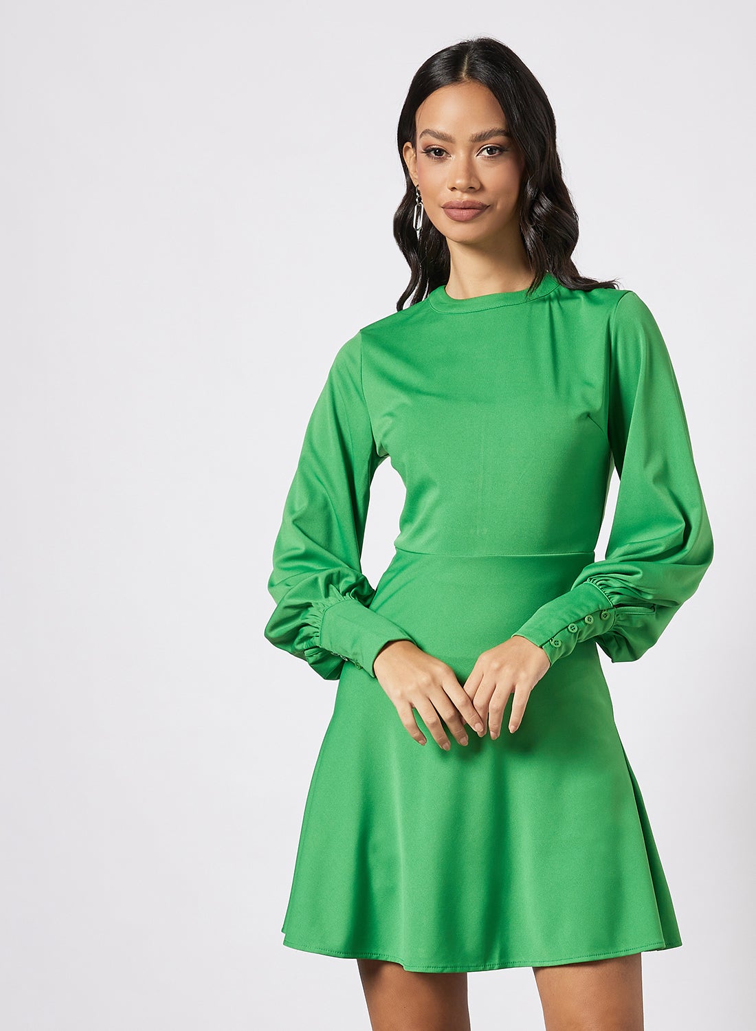 Aila Flounce Hem Puff Sleeve Casual Dress Green | Best Price KSA ...